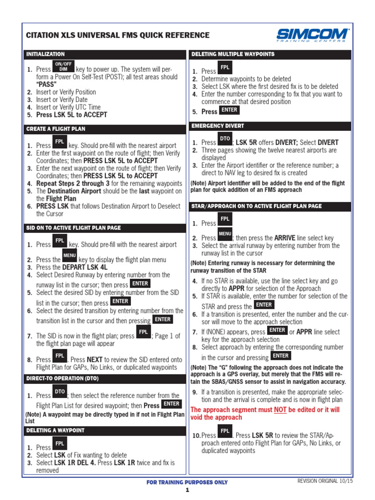 Citation XLS Universal FMS Quick Reference Rev Orig 10-15 PDF | PDF ...