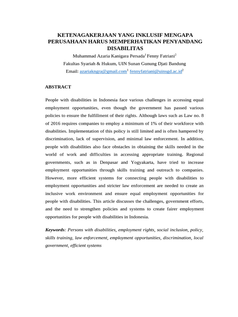 Ketenagakerjaan Yang Inklusif Mengapa Perusahaan Harus Memperhatikan Penyandang Disabilitas | PDF