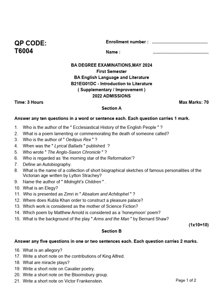 BA English Literature Exam Questions 2024 | PDF | Poetry | Writing