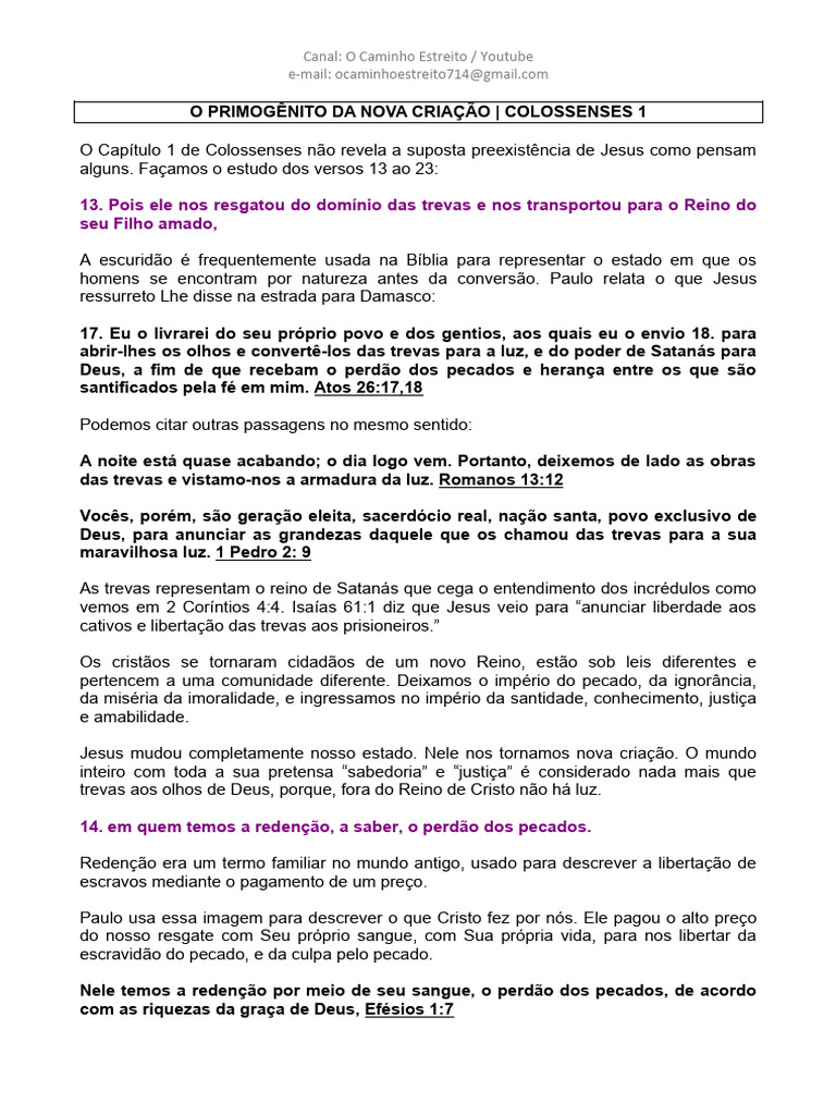 Colossenses 1 - Primogenito Nova Criacao | PDF | Jesus | Deus