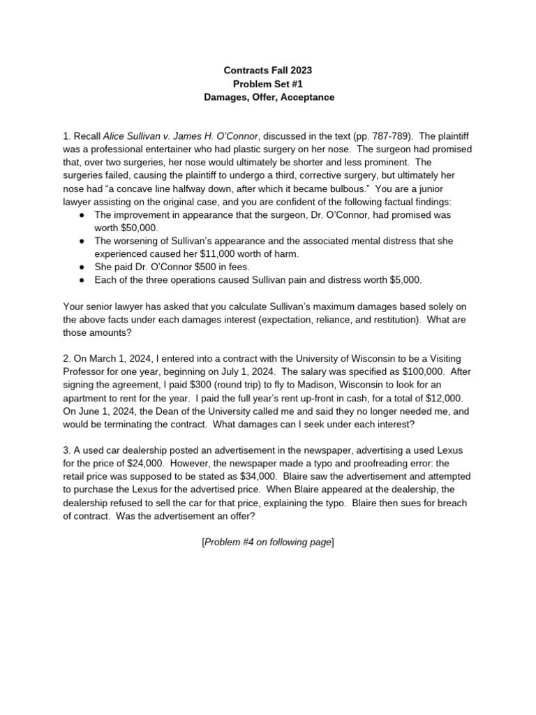 Fall 2023 Contracts Problem Set Analysis | PDF | Damages | Common Law