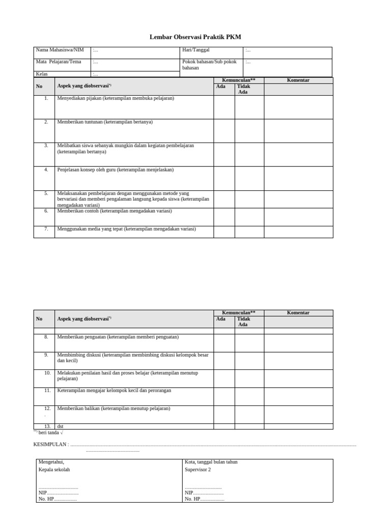 Lembar Observasi Praktik PKM | PDF