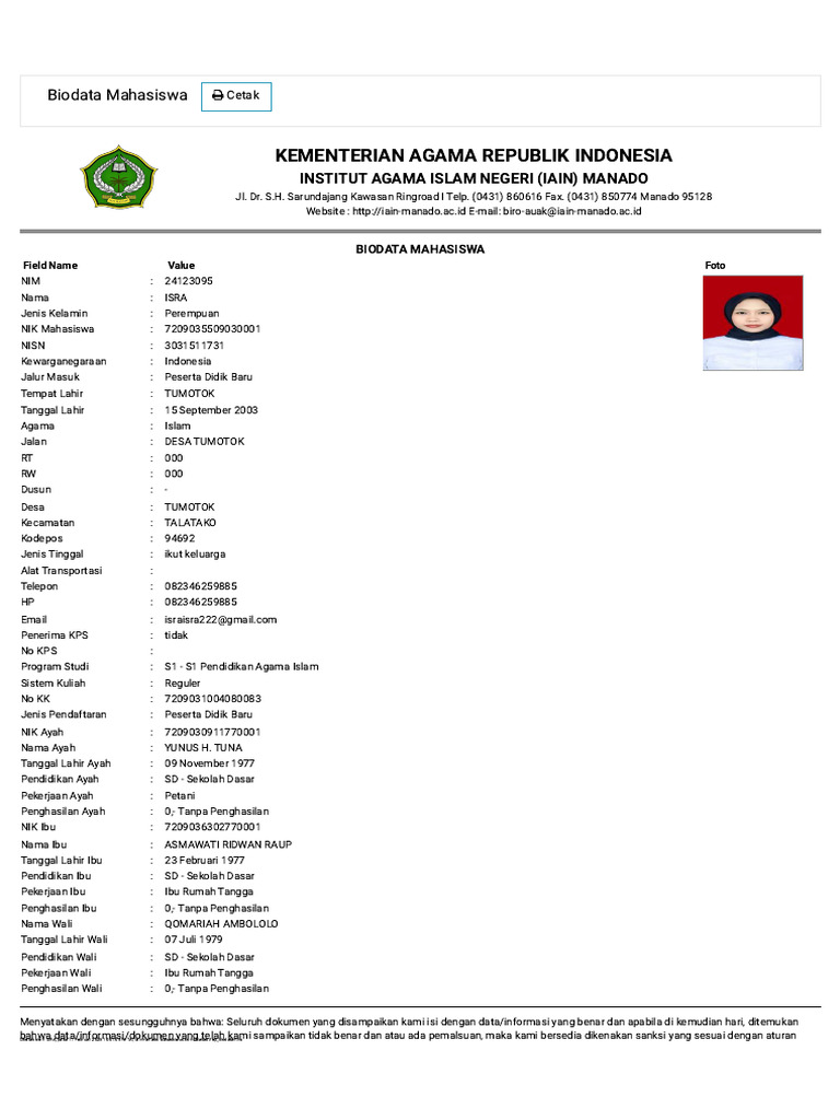 Biodata Mahasiswa | PDF