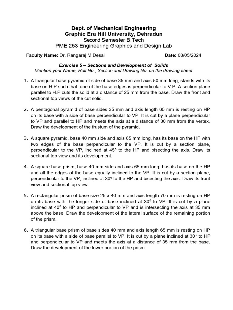 Exercise 5 Sections and Development of Solids PME 253 (Eng Graphics) | PDF