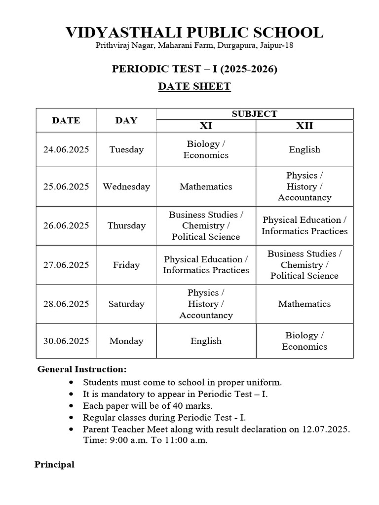11th Periodic Test Date Sheet 2025 | PDF