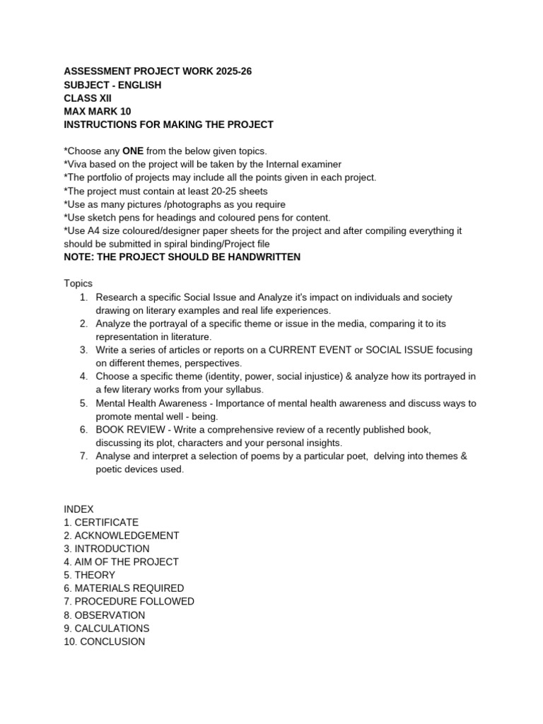 Class 12 English Project Work 2025-26 | PDF