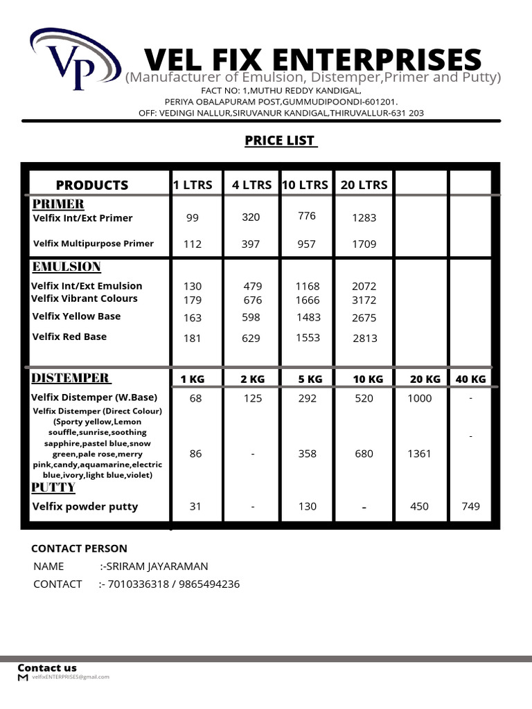 Vel Fix Enterprises Price List | PDF