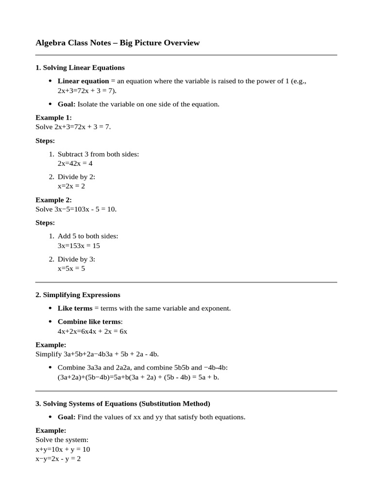 Algebra Class Notes - Big Picture Overview | PDF | Equations ...