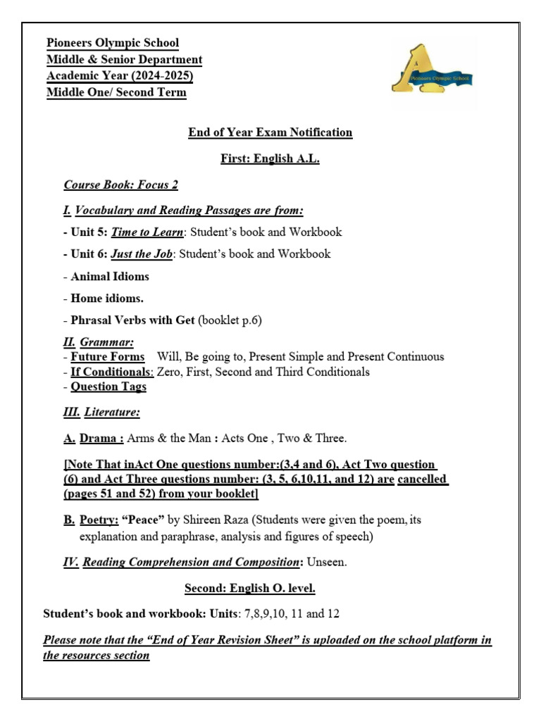 Middle One End_of_Year_Revision_Sheet_2024 | PDF