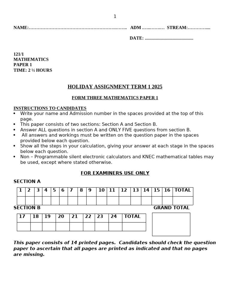 67ec2b18b5500 - MATHEMATICS F3 PP1 QS HOLIDAY | PDF | Area | Angle
