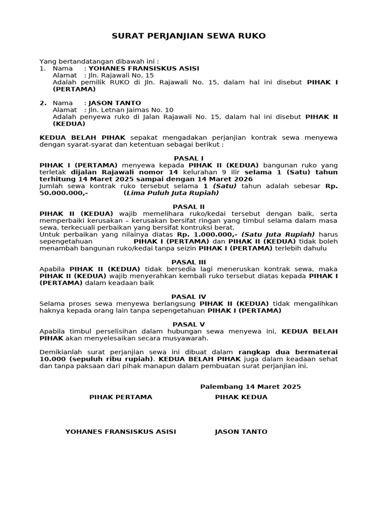 Surat Perjanjian Kontrak Sewa Ruko | PDF