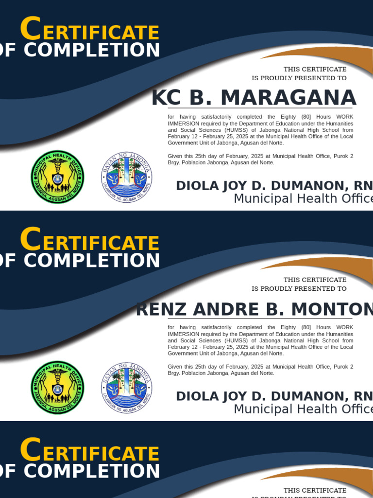 Work Immersion Completion Certificates | PDF