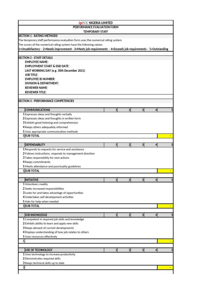 Temporary Staff Performance Evaluation Form | PDF | Performance Appraisal | Employment