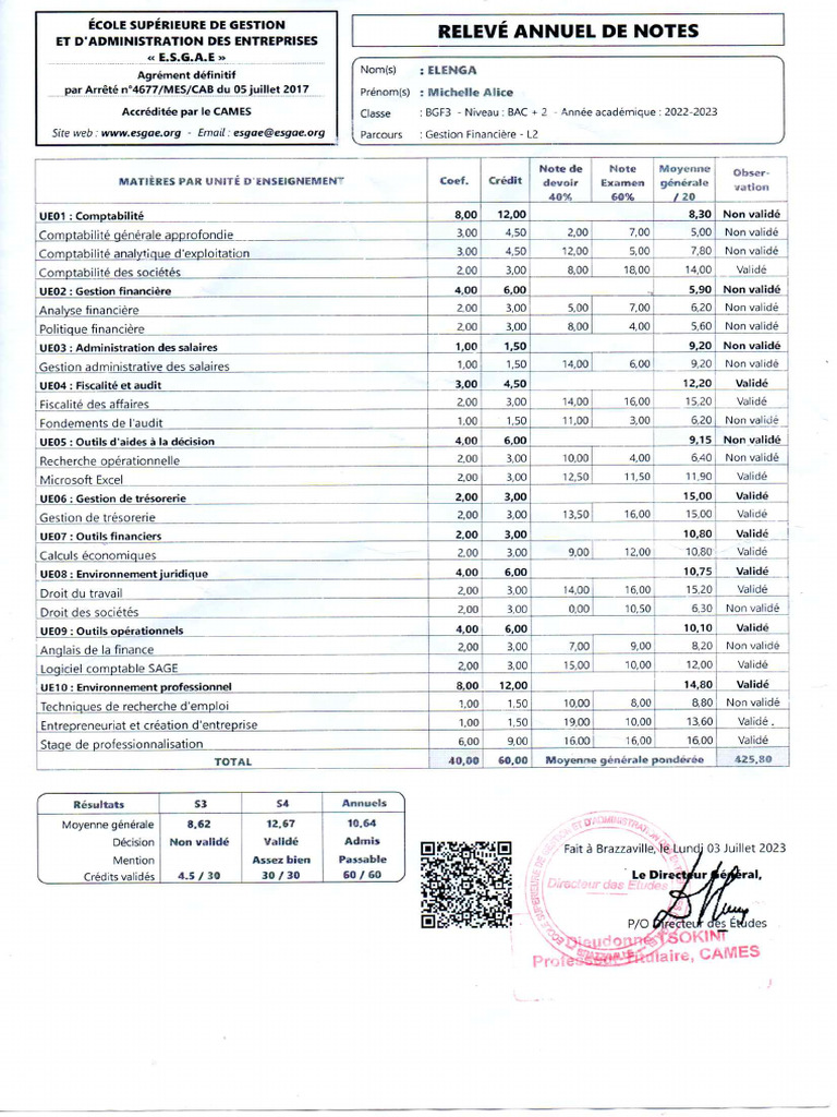 RELEVE DE NOTES (1) 7 | PDF