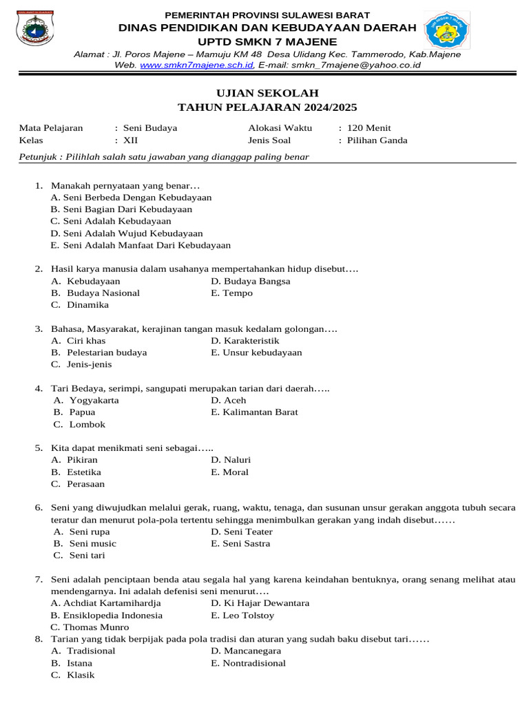 SOAL US SENI BUDAYA KLS XII oke | PDF