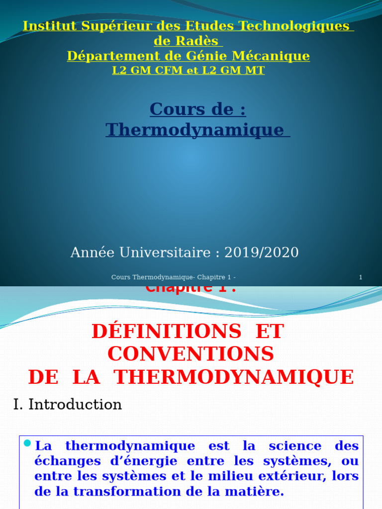 Chapitre 1 Final | PDF | Thermodynamique | Équilibre thermodynamique