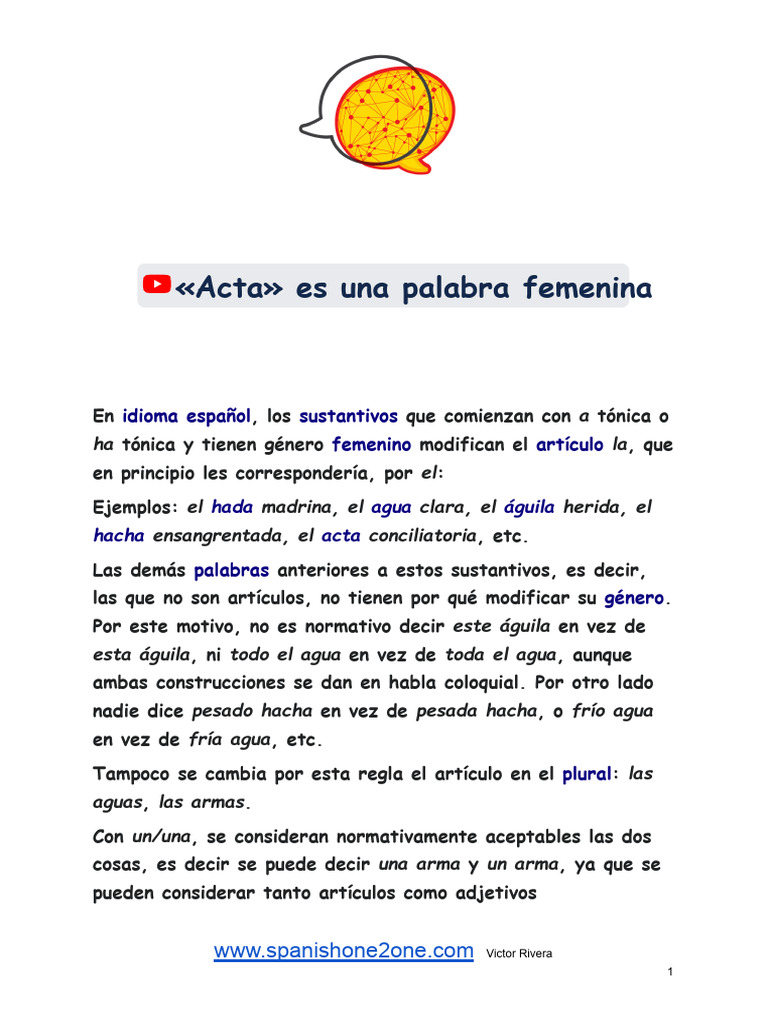 Acta Es Una Palabra Femenina: Idioma Español Sustantivos Femenino ...