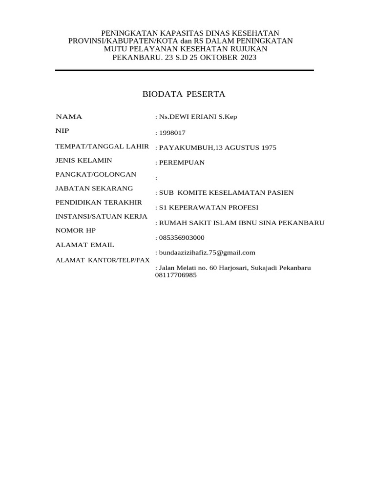 Biodata Pelatihan Mutu Dinkes | PDF