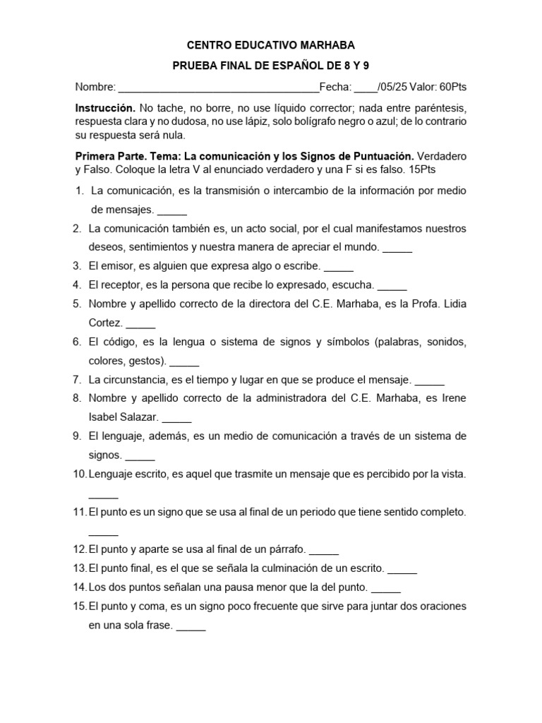 Prueba Final de Español 8vo Grado | PDF | Comunicación | Comunicación ...