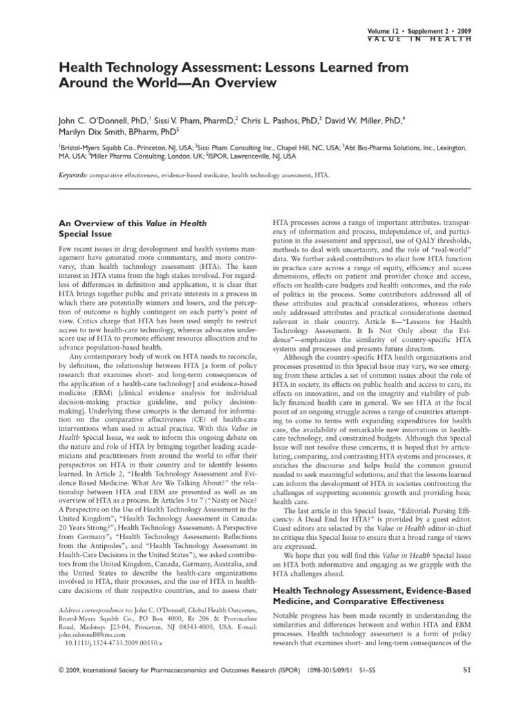 Health Technology Assessment - Lessons Learned From Around The World ...