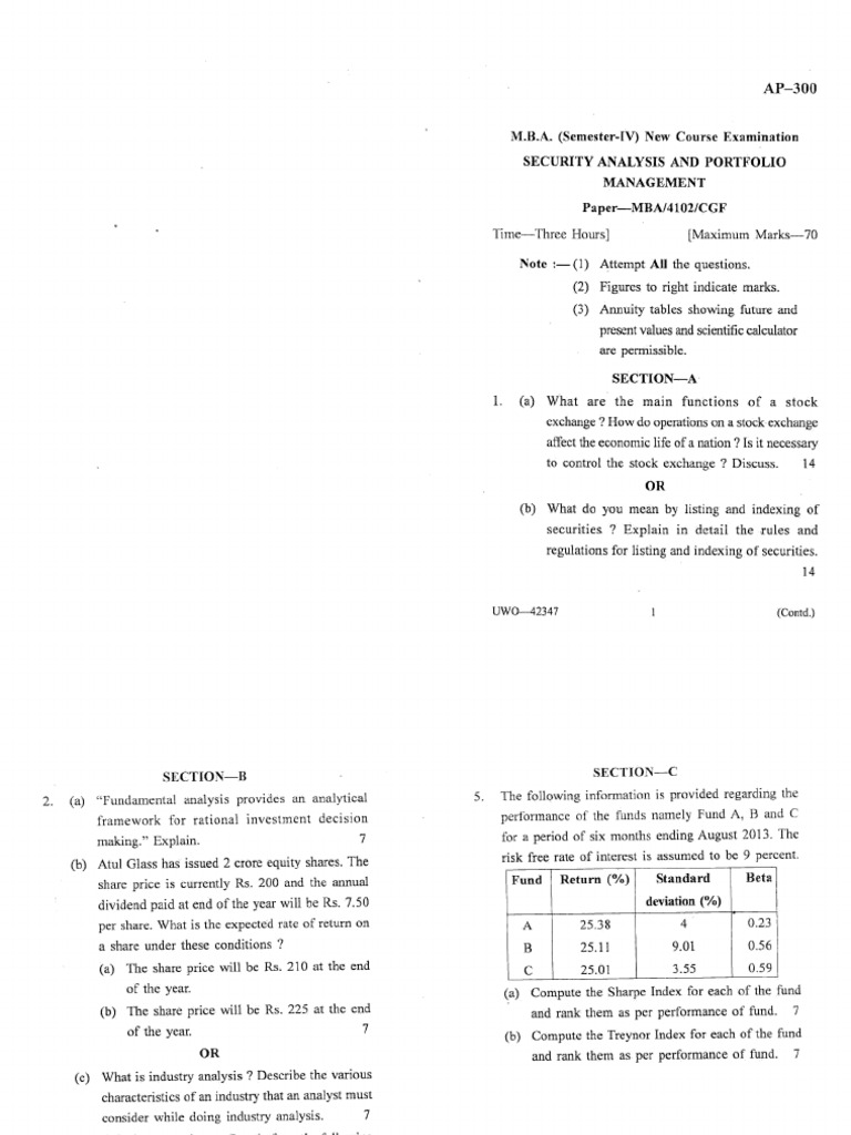 MBA Security Analysis Exam Paper | PDF | Stocks | Beta (Finance)