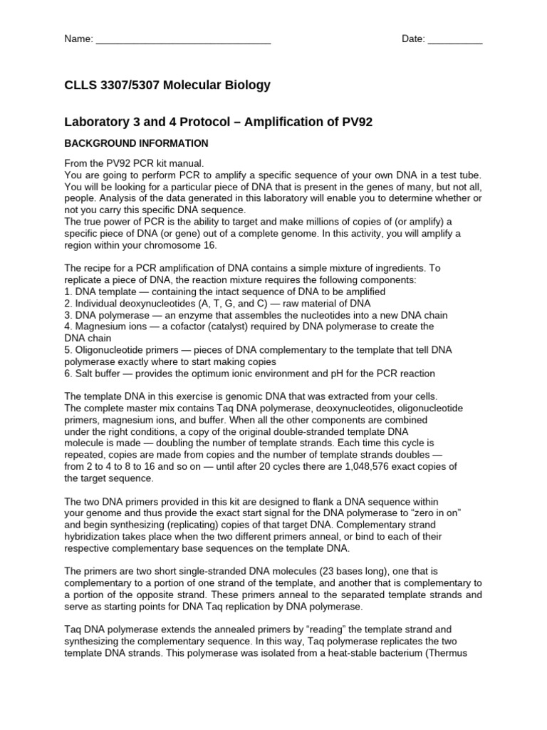 Lab 3 and 4 Protocol and Report PV92 PCR | PDF | Primer (Molecular ...