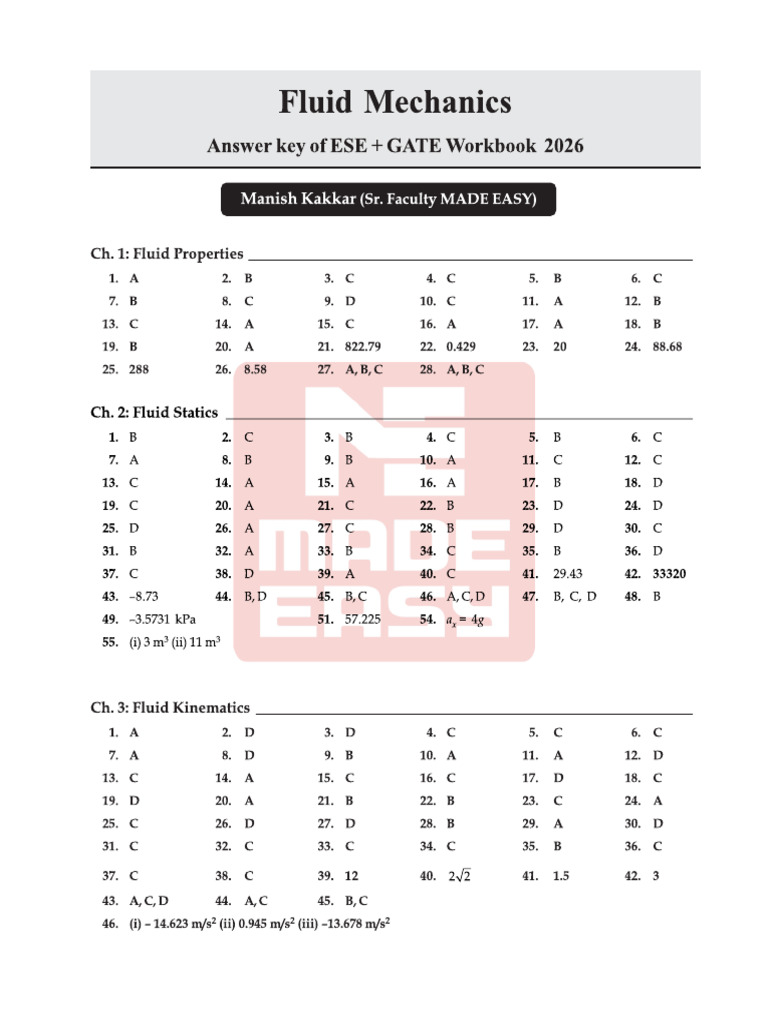 Fluid Mechanics WB Ans Key (2026) | PDF