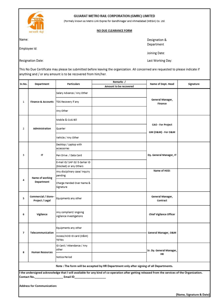 GMRC No Due Clearance Form | PDF
