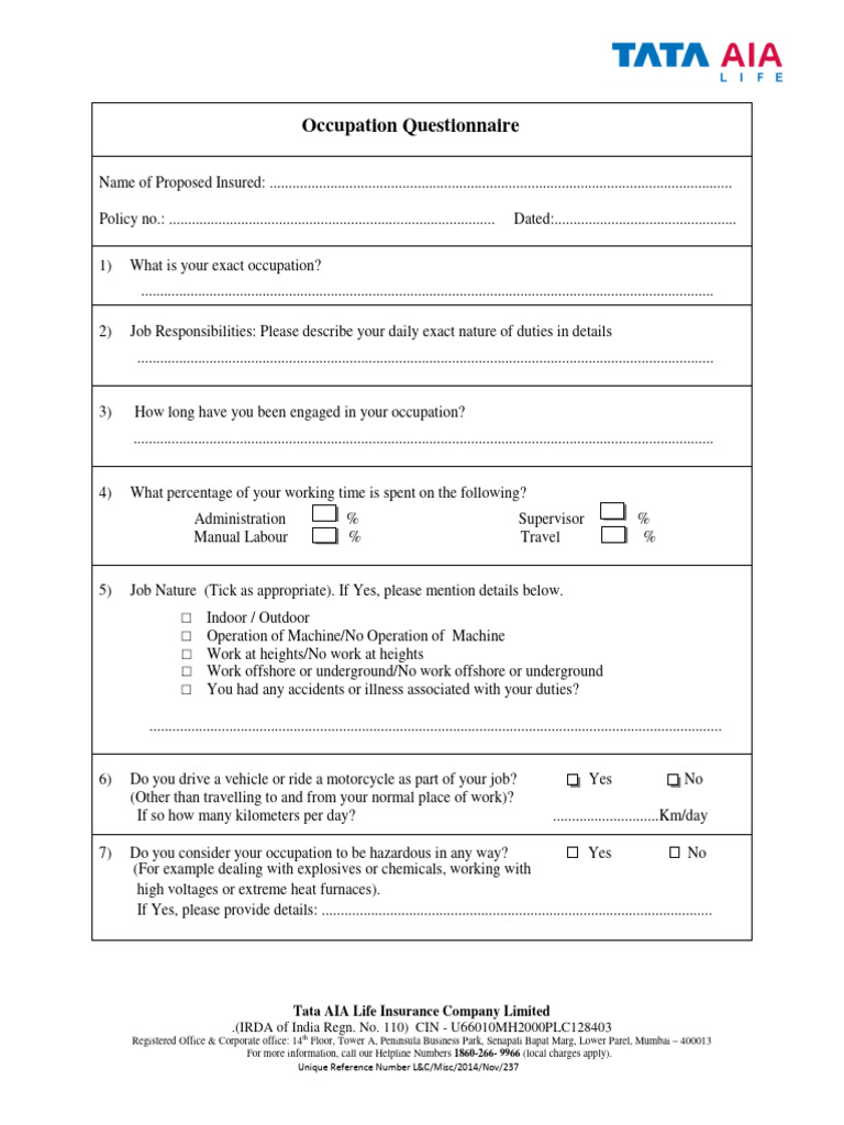 Occupation Questionnaire 1 | PDF