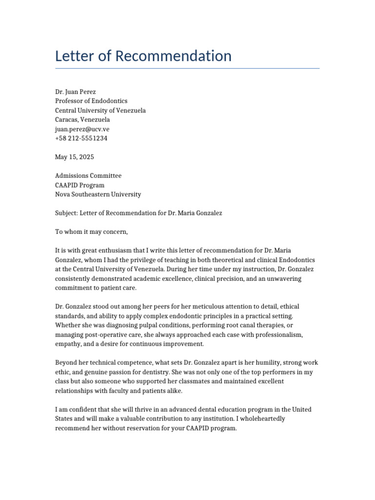 Recommendation Letter Endodontics Maria Gonzalez | PDF