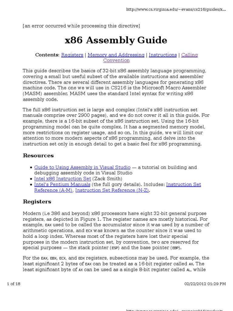 x86 Assembly Guide: Contents | Download Free PDF | Subroutine | Assembly Language