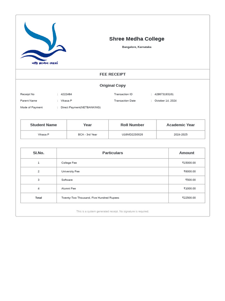 Shree Medha College Fee Receipt 2024 | PDF