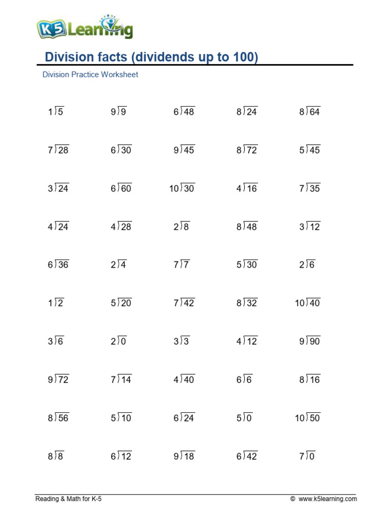 Division Facts Vertical To 100 e | PDF