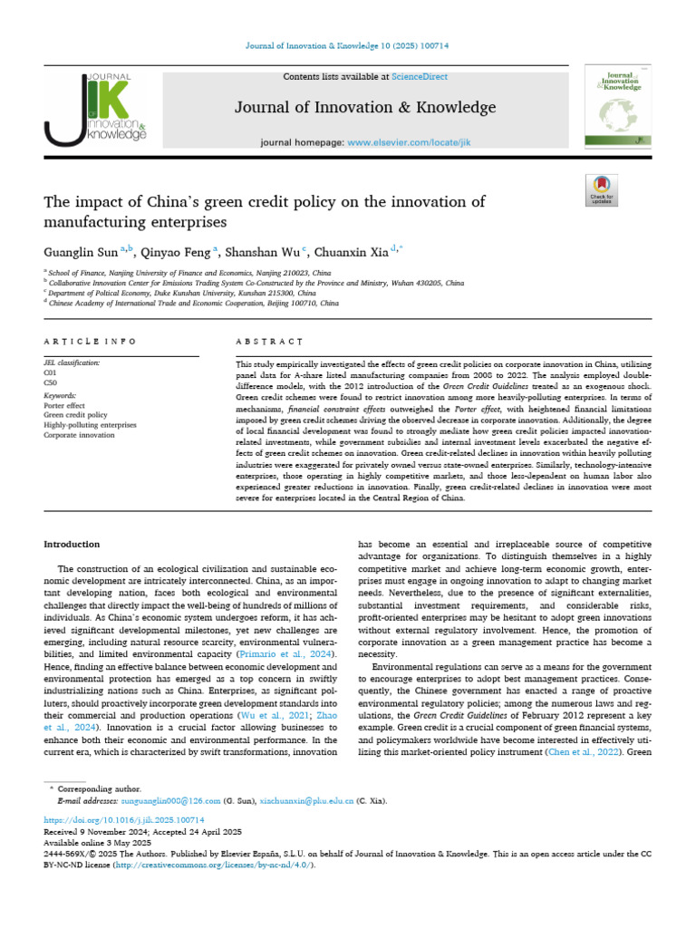 Journal of Innovation Knowledge: Guanglin Sun, Qinyao Feng, Shanshan Wu ...