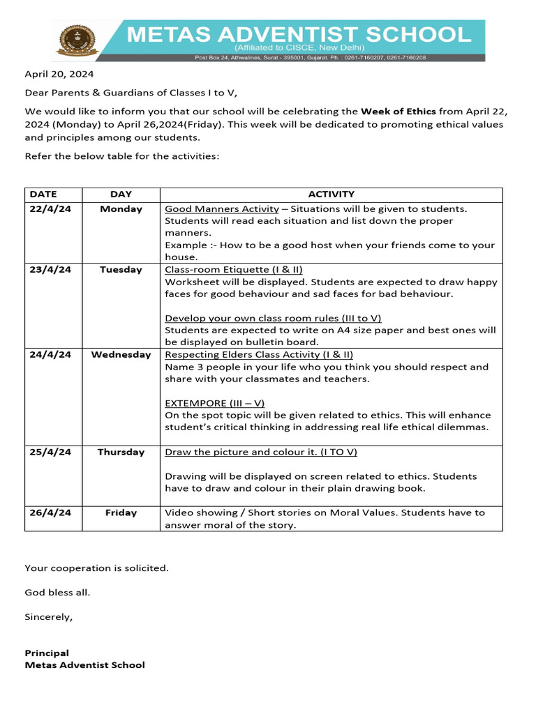 Week of Ethics - Classes I To V | PDF