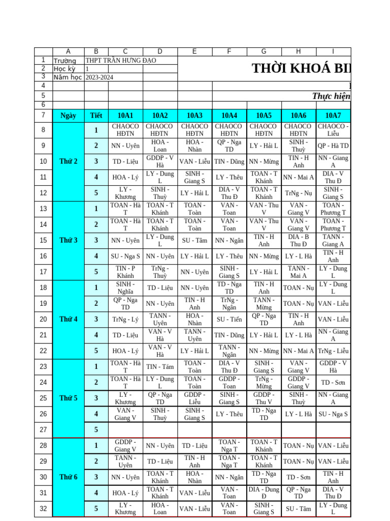 Tkb Tuần 1 Hk1 Năm 2023 -2024(Gửi Gv) | PDF