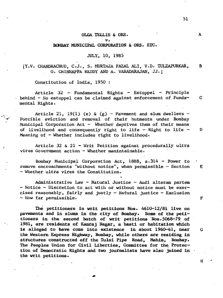 Olga Tellis & Ors. - Bombay Municipal Corporation & Ors. Etc ...