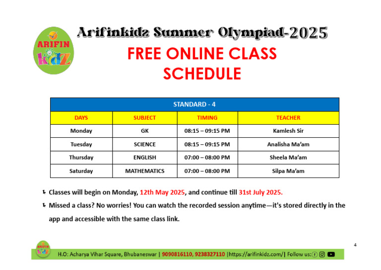 FREE ONLINE CLASS SCHEDULE (Class-4) | PDF