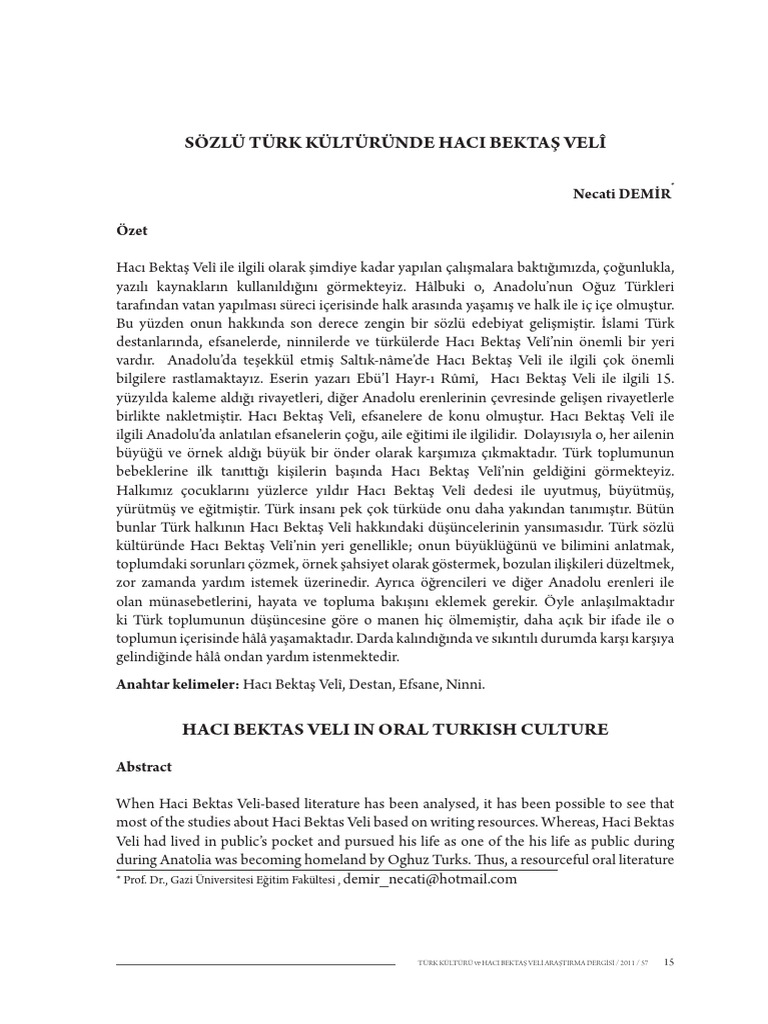 Sözlü Türk Kültüründe Haci Bektaş Velî: Necati DEMİR Özet | PDF