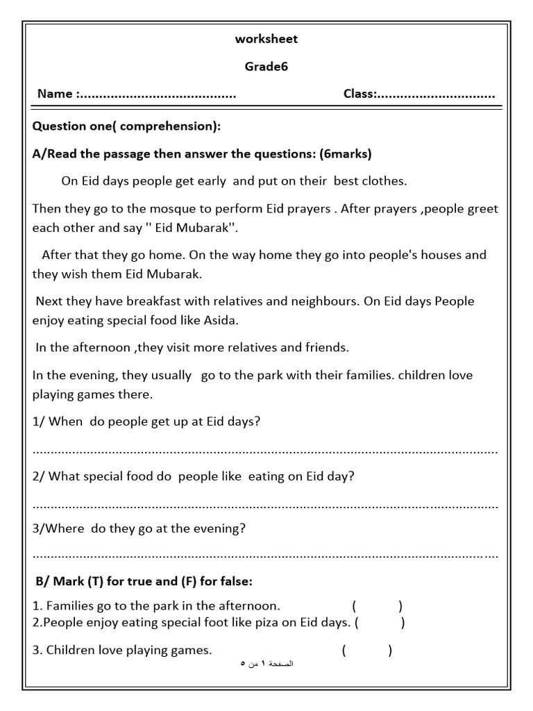 Worksheet Grade 6 Final Exam | PDF