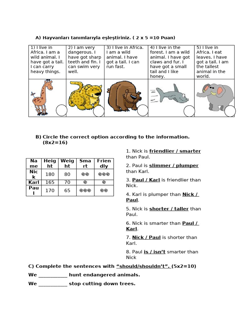 Animal Descriptions and Environmental Quiz | PDF | Zoology
