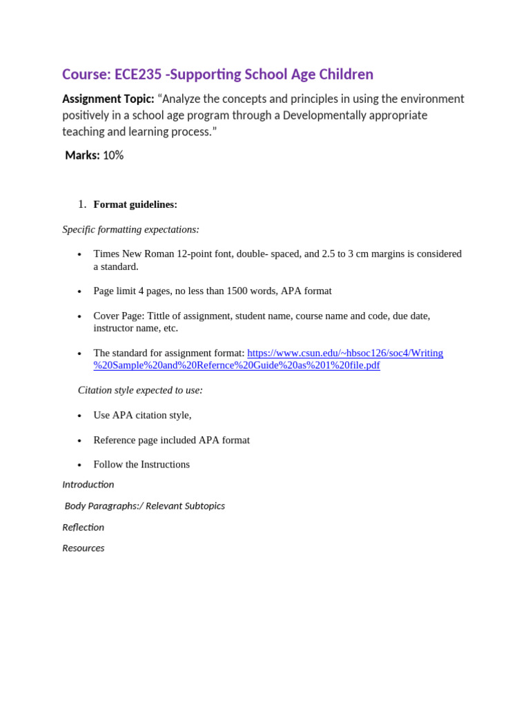 ECE 235 Supporting School Age Children Assignment 1 | PDF