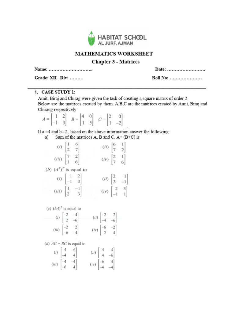 G12- Chapter 3- worksheet2 (Case study ) | PDF