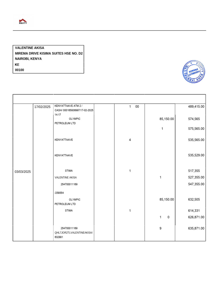 Equity Bank Account Statement Summary | PDF | Cash | Trade