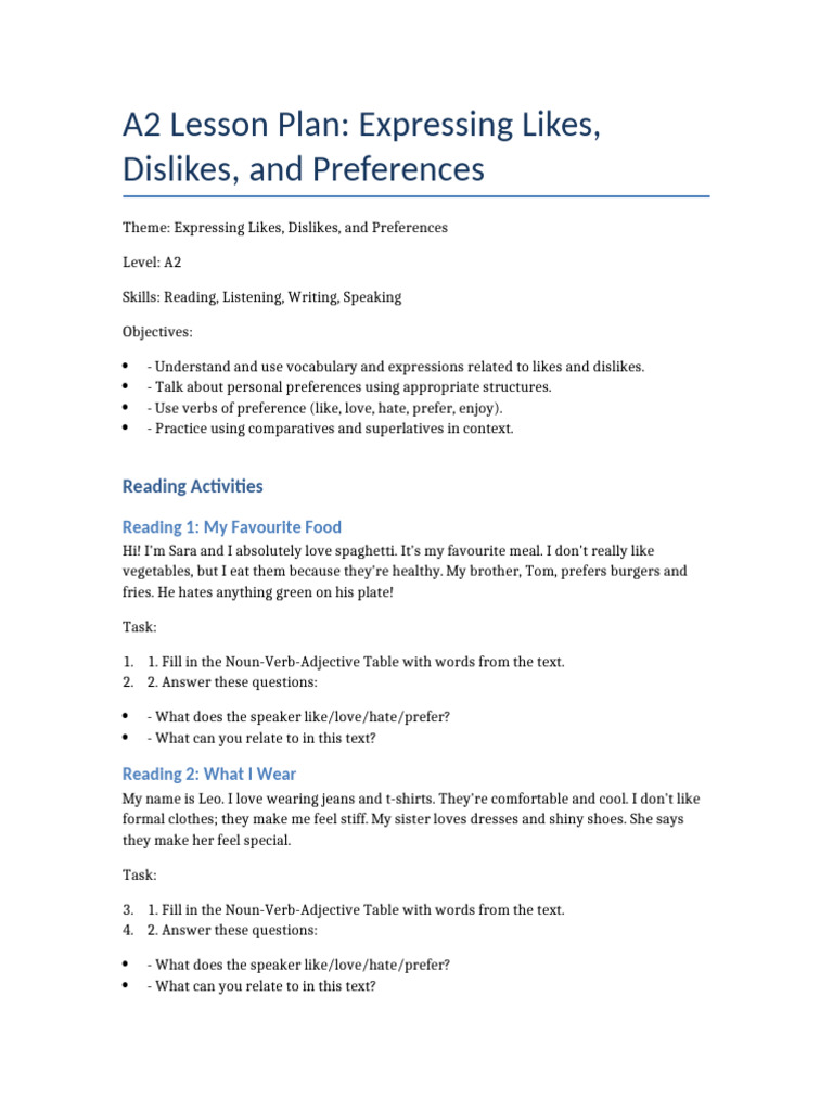 Likes Dislikes A2 Lesson | PDF