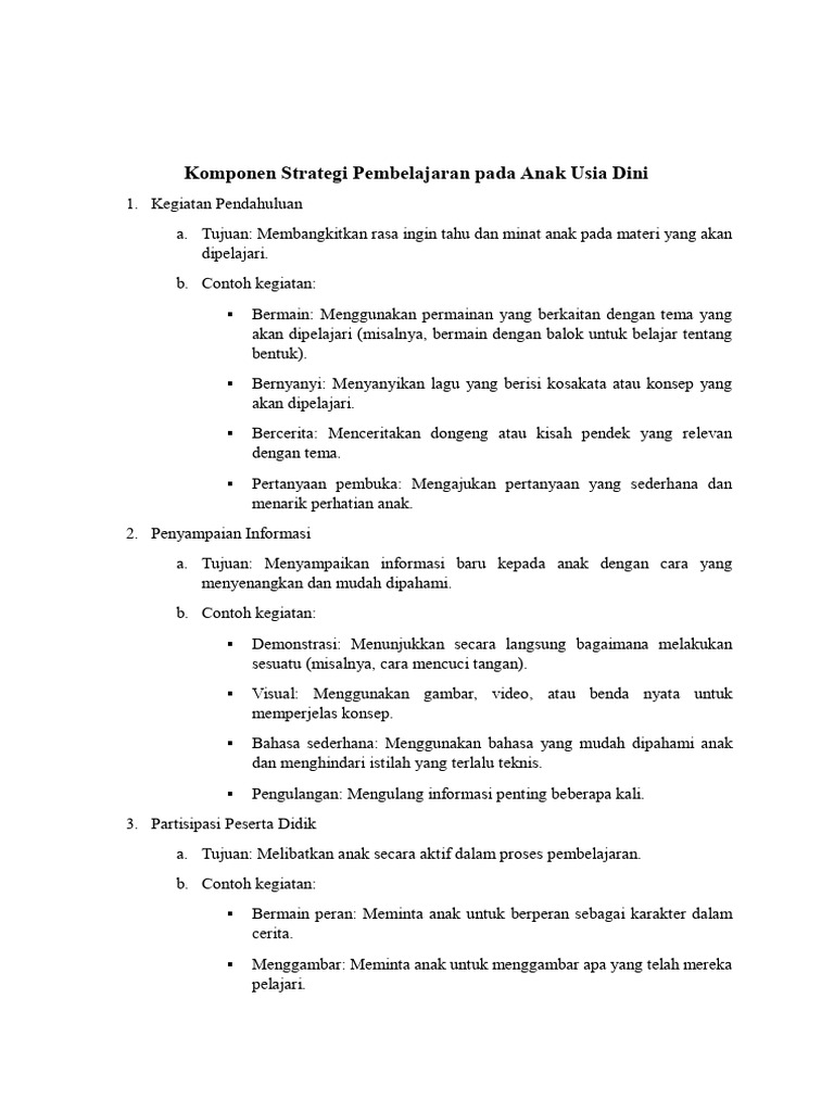 Komponen Strategi Pembelajaran AUD ALIFA PUTRI EFENDI 23022117 (1) (1) | PDF