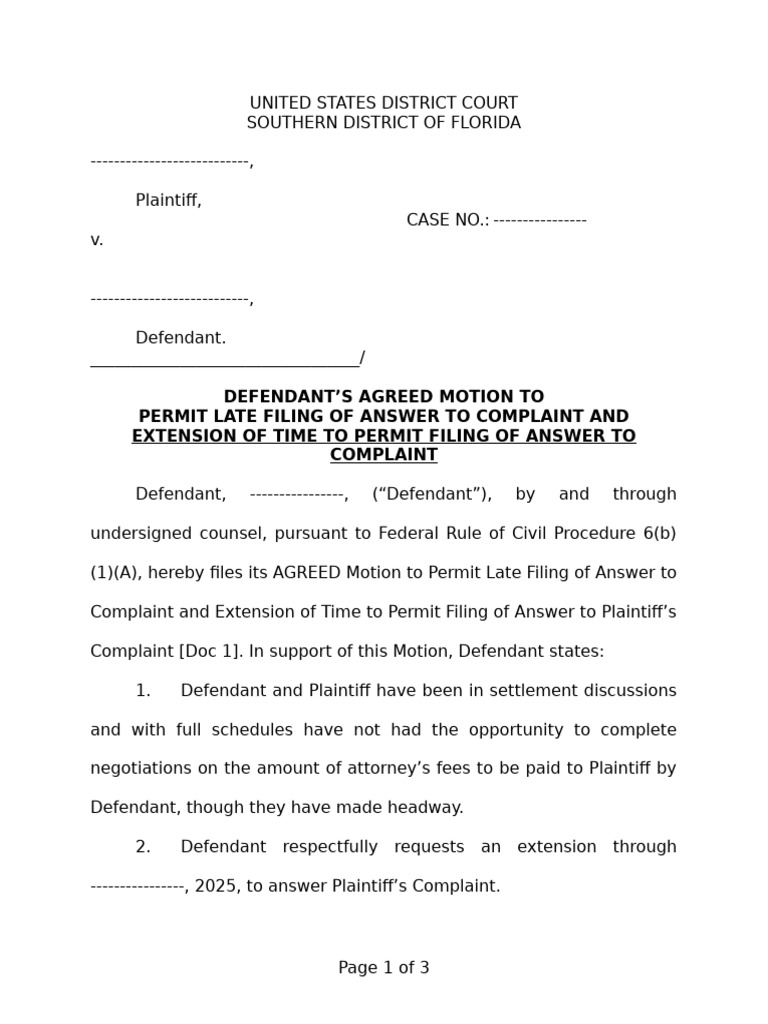 Agreed Motion To Extend Time and Permit Late Filing | PDF | Complaint | Federal Rules Of Civil ...