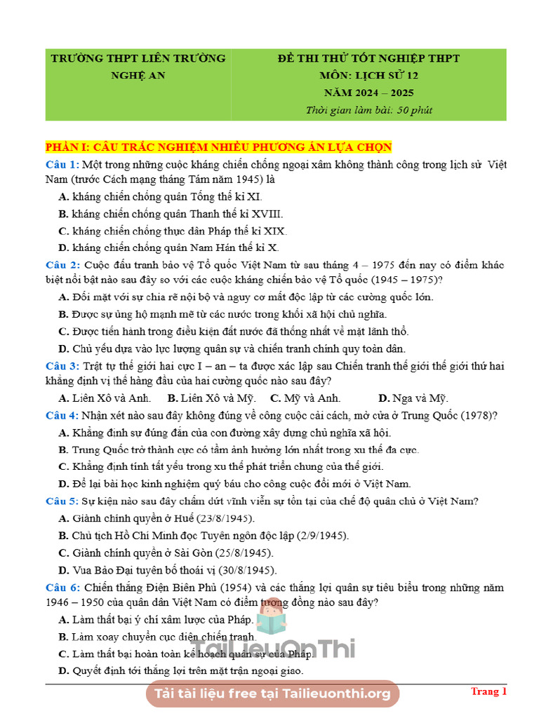 7. Đề thi thử tốt nghiệp THPT 2025 Lịch Sử THPT Liên trường Nghệ An - có lời giải | PDF