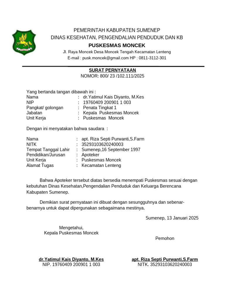 Surat Pernyataan Apoteker Puskesmas Moncek | PDF