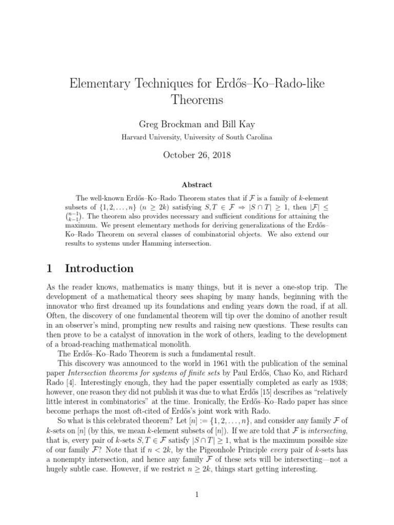 Elementary Techniques For Erdos Ko Rado | PDF | Combinatorics | Mathematics
